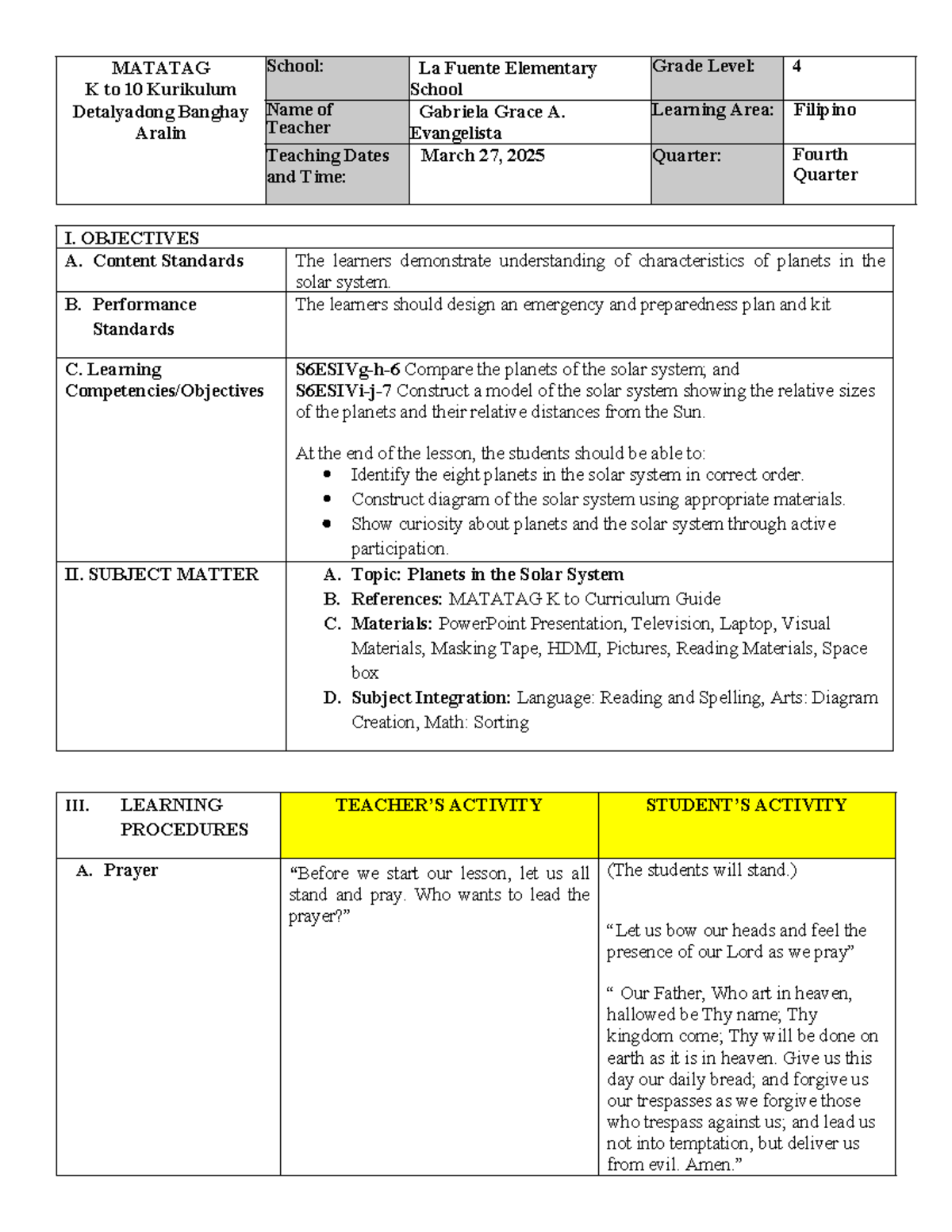 Lesson Plan: Planets in the Solar System (Grade 4, Filipino) - Studocu