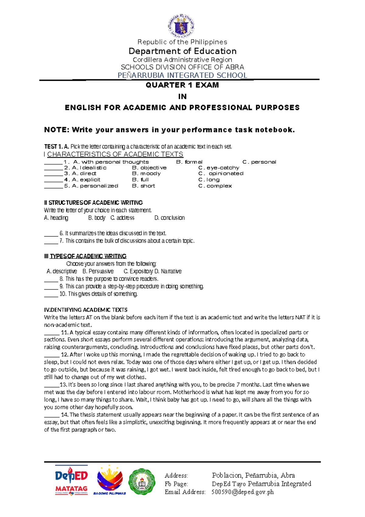 EAPP 1st Quarter Exam: Academic Text Characteristics & Structures - Studocu