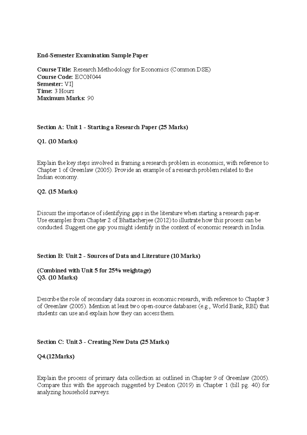 Sample Paper for Research Methodology in Economics (ECON044) - Studocu
