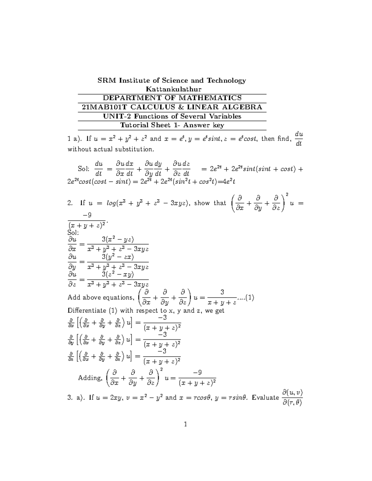 21MAB101T Calculus & Linear Algebra Unit 2 Tutorial Sheet 1 Answer Key - Studocu