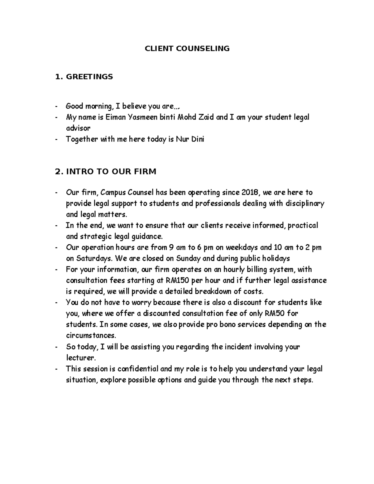 Client Counseling Session Summary - LAW083 - Studocu
