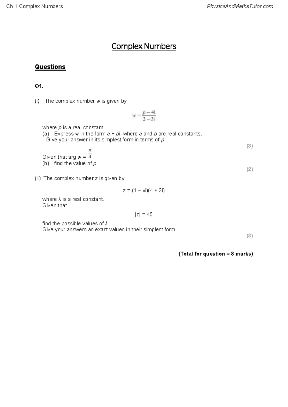 Ch.1 Complex Numbers - Practice Questions and Solutions - Studocu