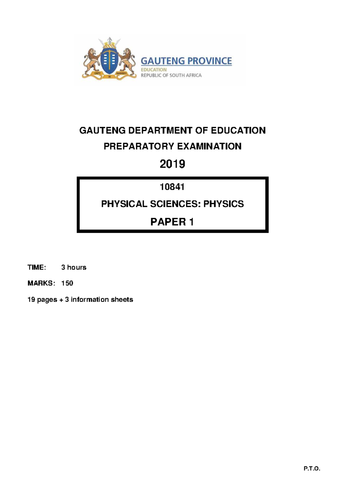 2019 GP Physics Prelim Exam P1 (Paper 1) - Question Paper - Studocu