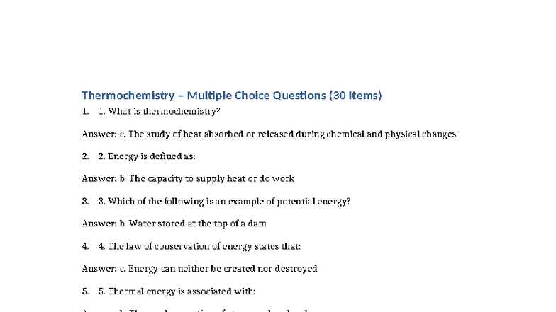 Thermochemistry CHM101 Final Exam MCQs (30 Questions) - Studocu