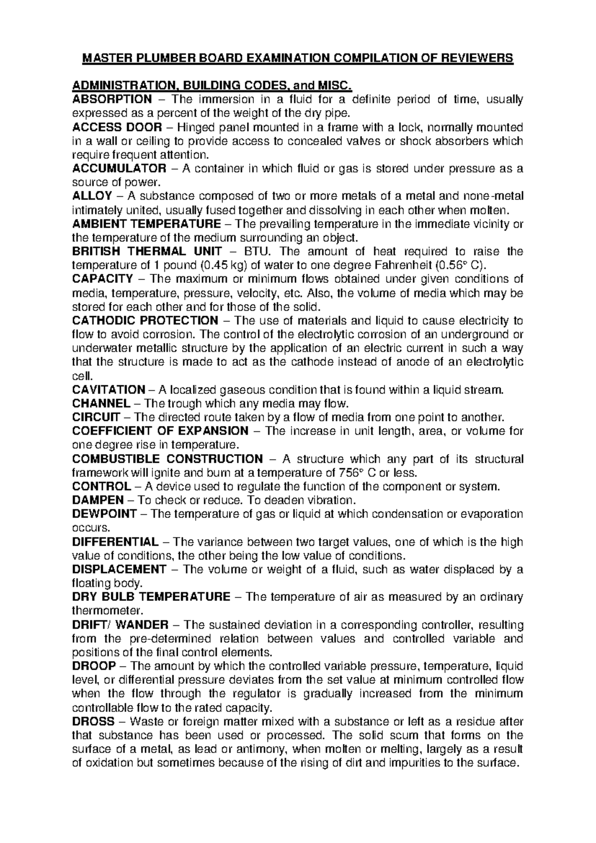 Plumbing Board Exam Reviewer 2019: Comprehensive Study Materials - Studocu