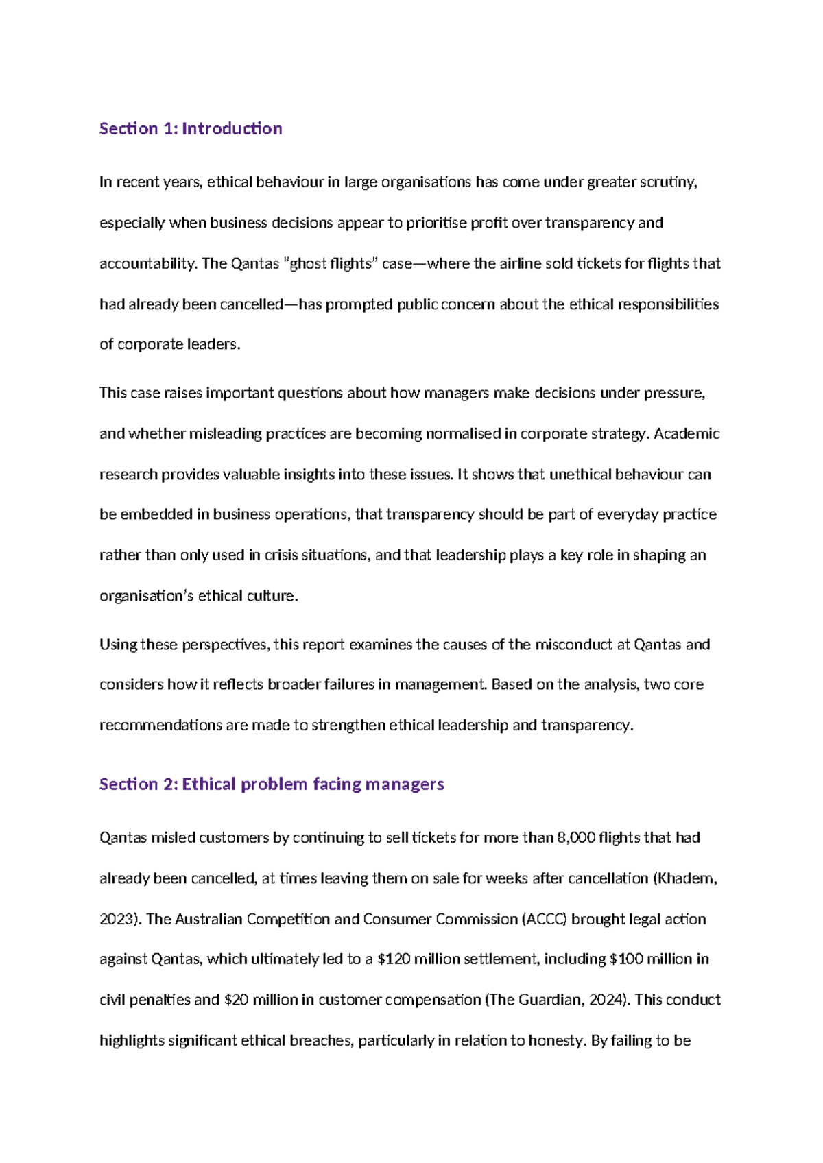 MGTS1301 Ethical Management Case Study: Qantas Misconduct Analysis ...