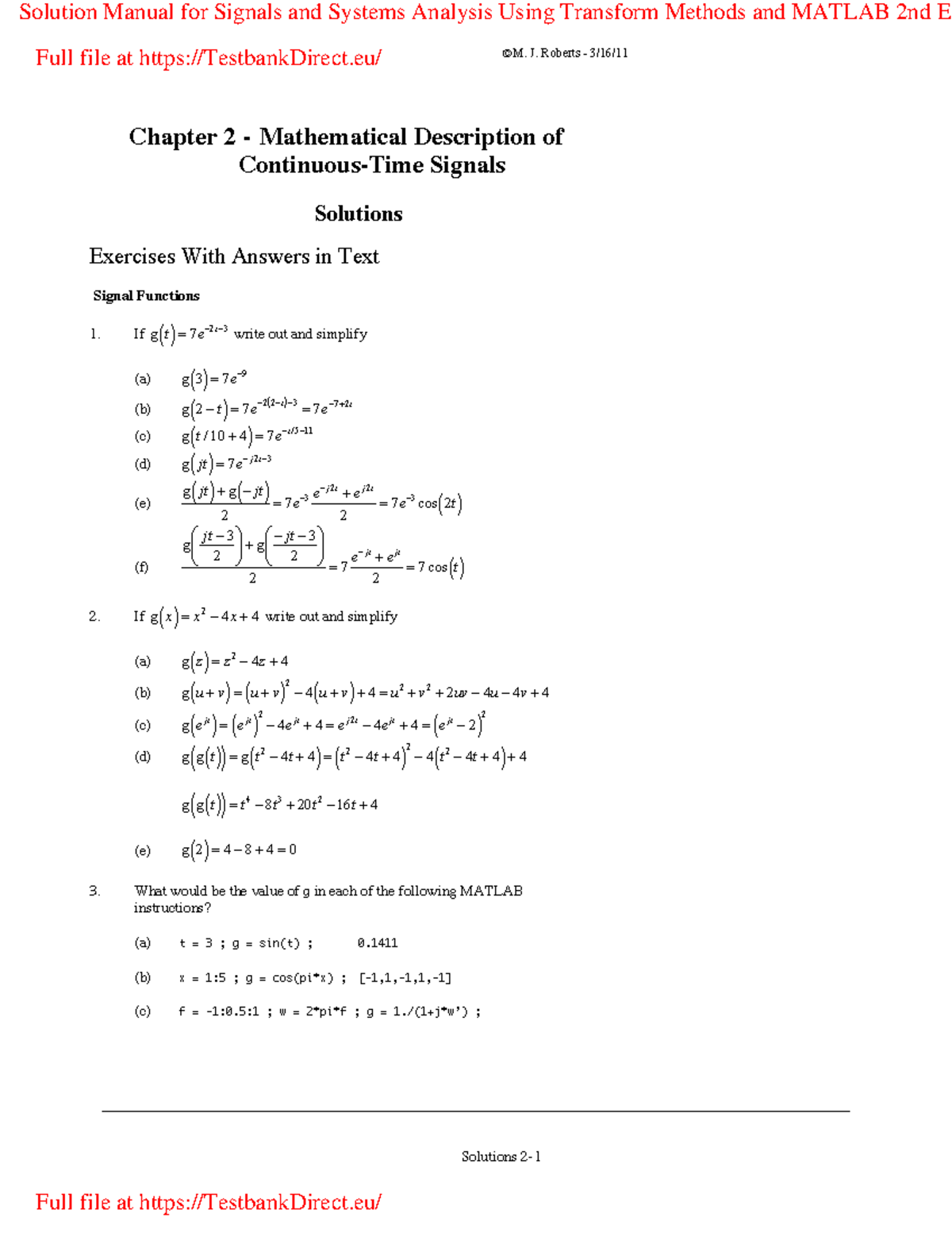 Solution Manual for Signals and Systems Analysis Using Transform Methods and Matlab 2nd Edition ...