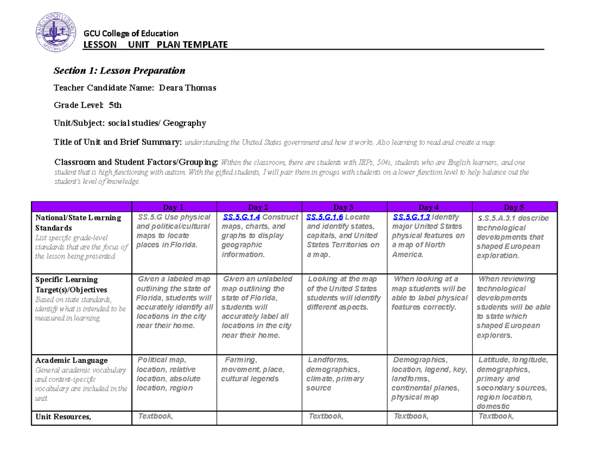 Benchmark - A work - Section 1: Lesson Preparation Teacher Candidate ...