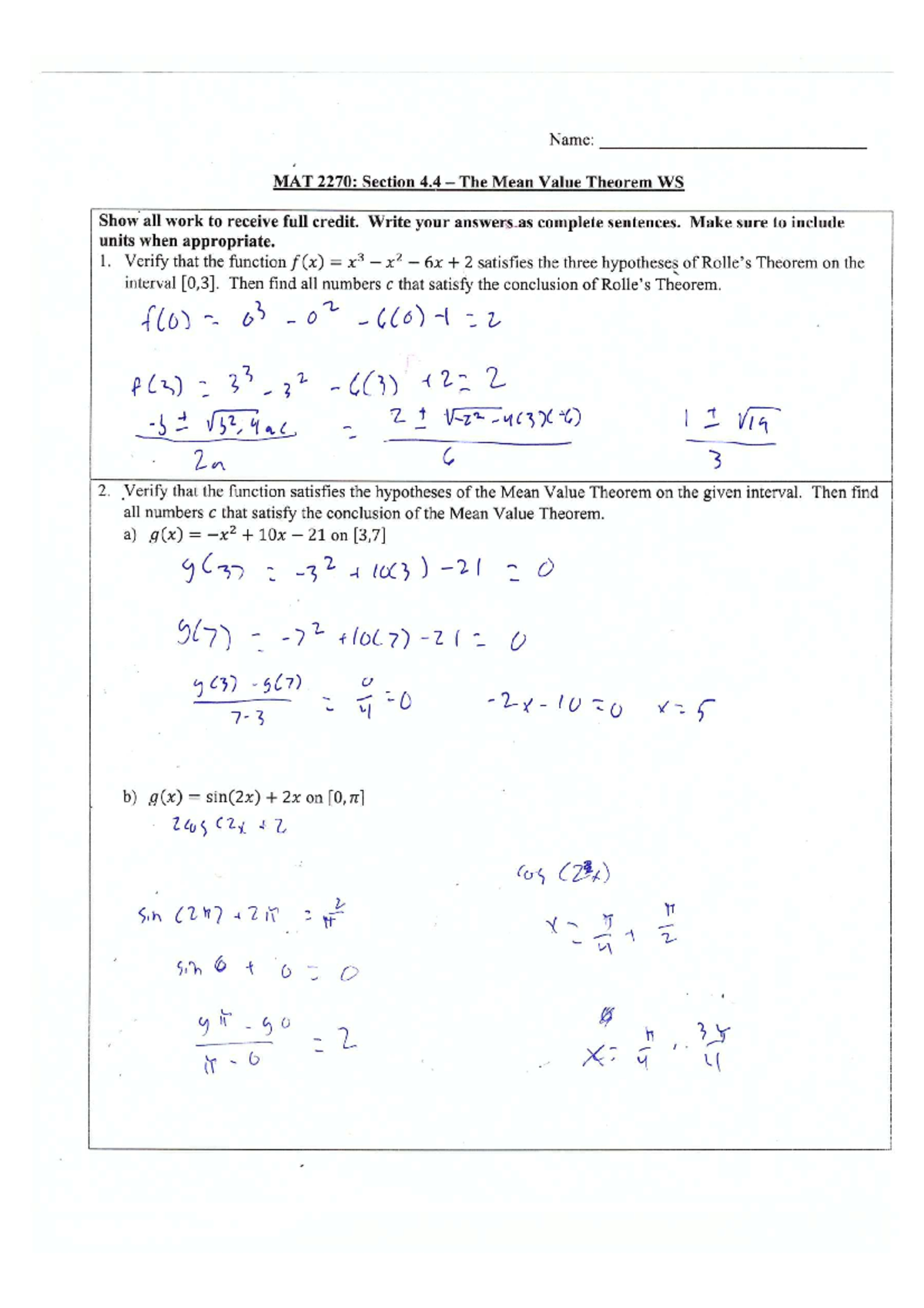 MAT-2270: Section 4.4 Mean Value Theorem Worksheet Solutions - Studocu
