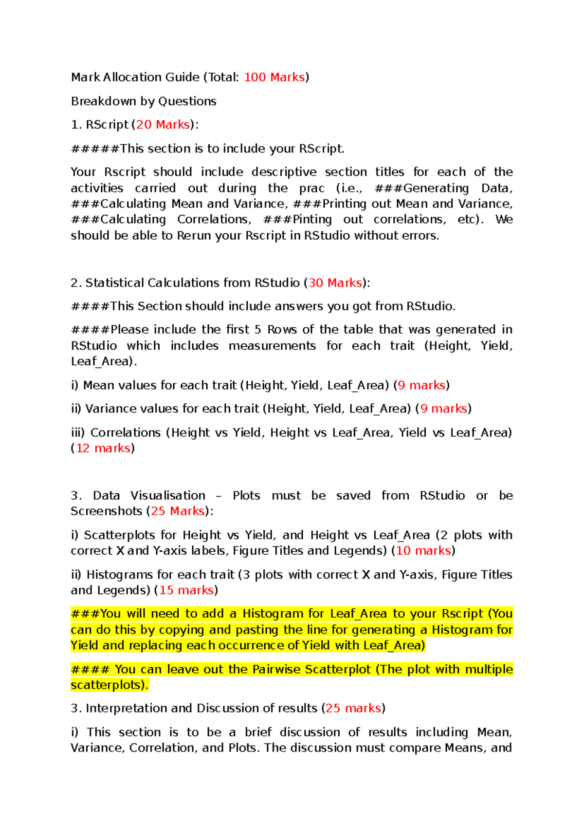 Prac 1 Mark Allocation Guide: RScript, Stats, Visualisation ...