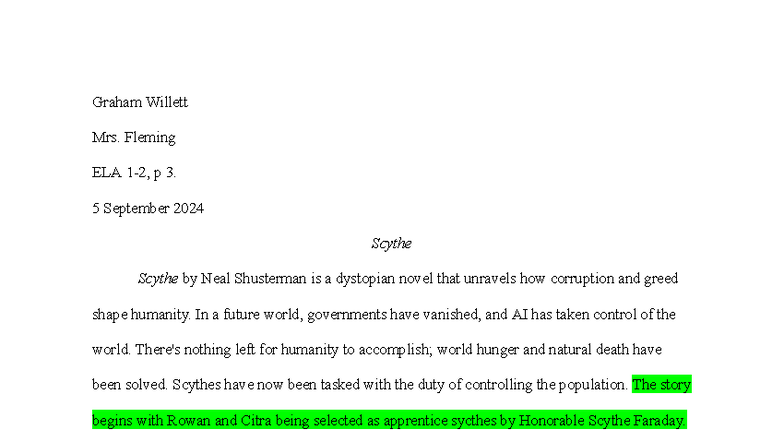 Graham Willett ELA p 3: Scythe Essay Analysis - Studocu