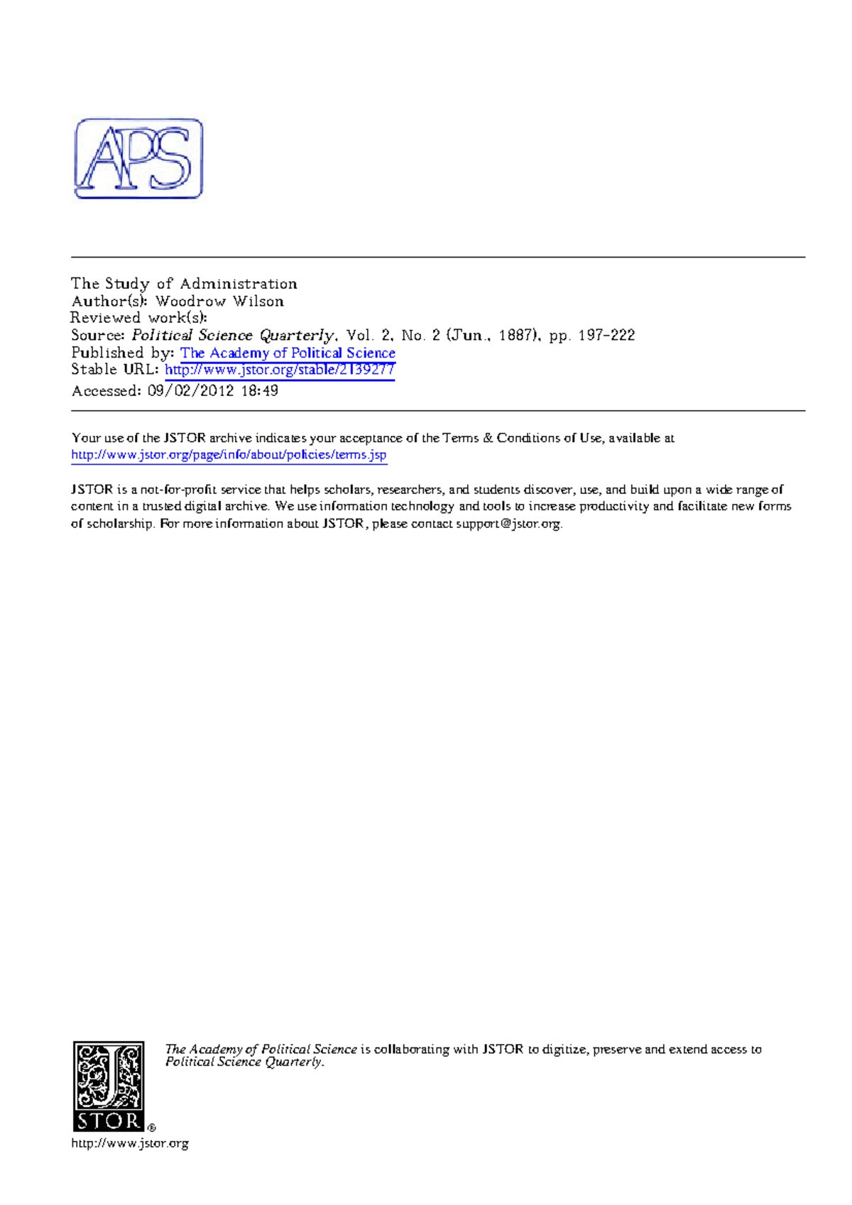 POL 101: Woodrow Wilson's Insights on Administration Study - Studocu