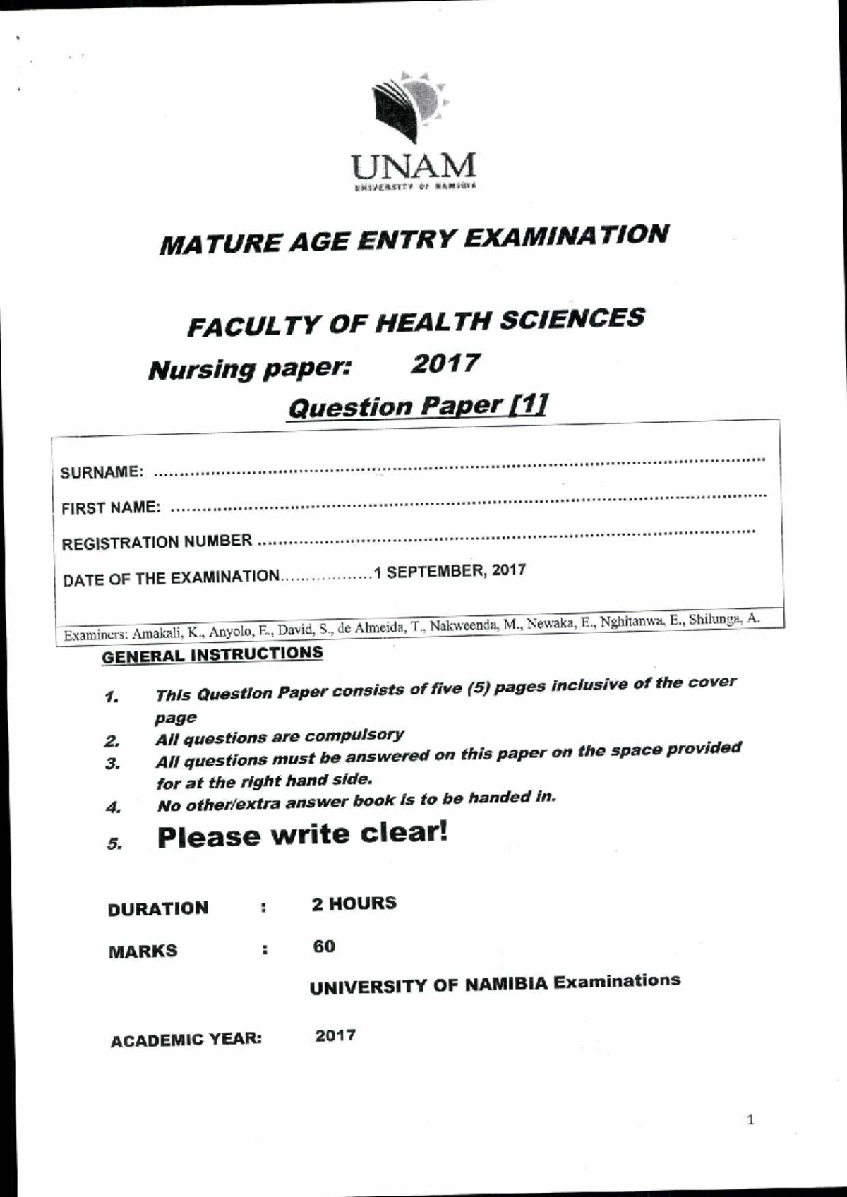 UNAM Nursing Mature Age Entry Exam Paper 2017 - Faculty of Health ...