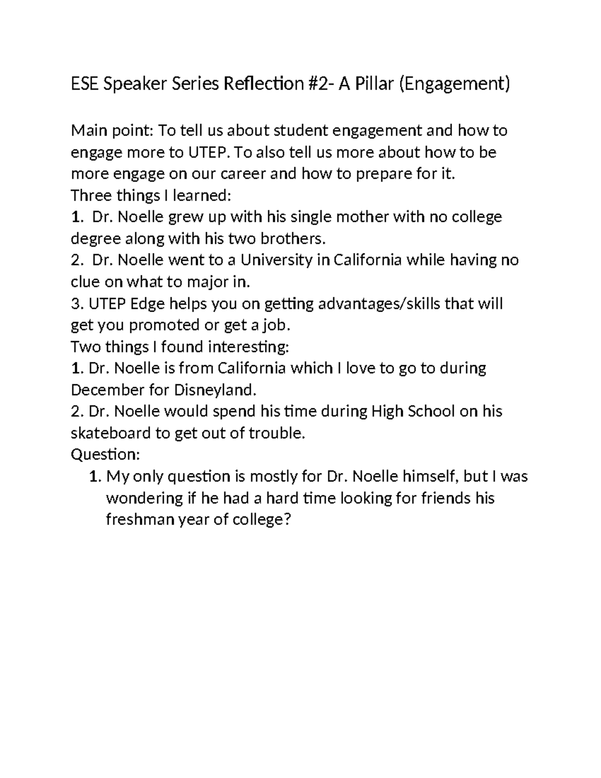 ESE Speaker Series Reflection #2: Engaging with UTEP and Careers - Studocu