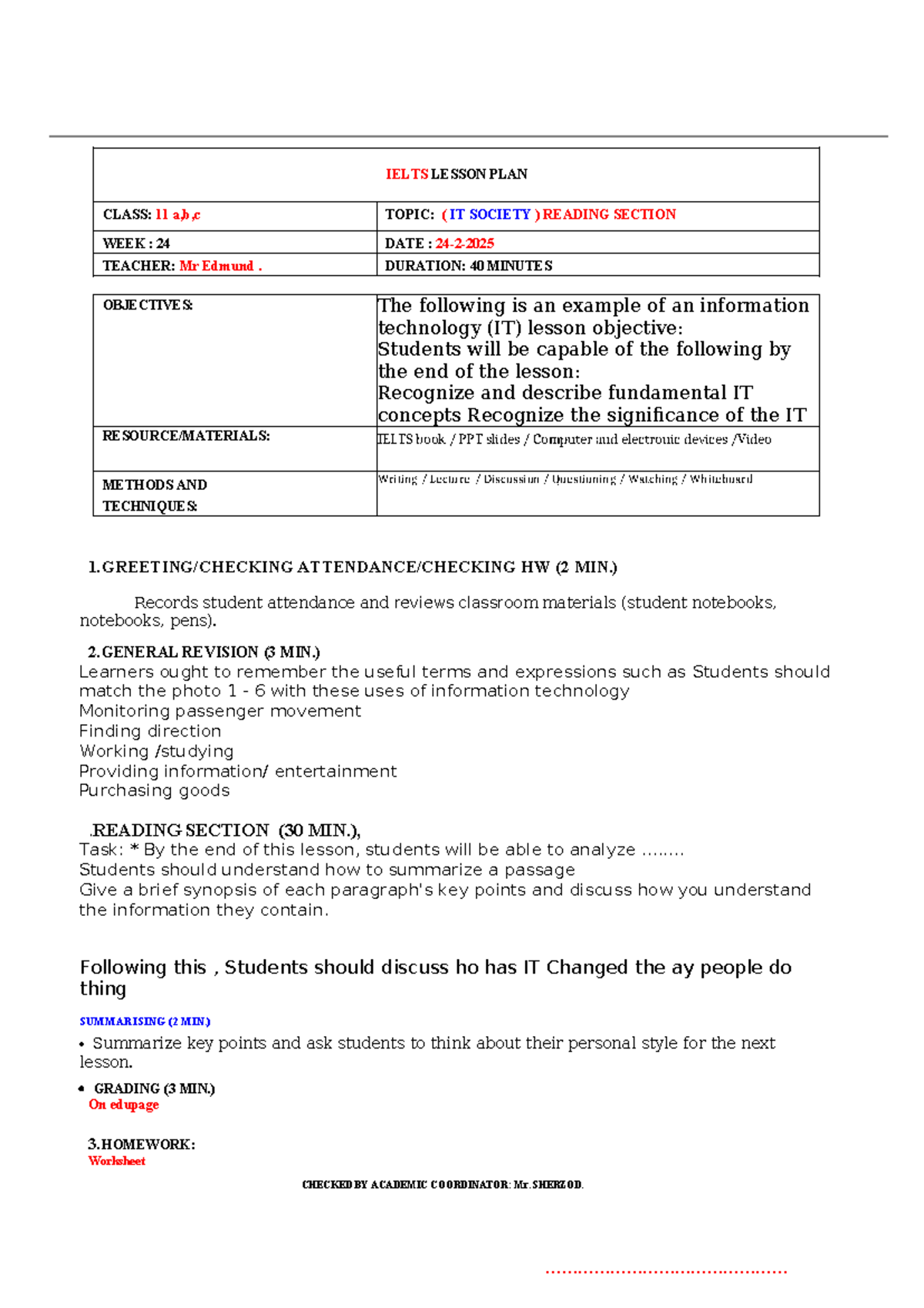 IELTS Lesson Plan for Class 11: IT Society Reading (Q3 L14) - Studocu