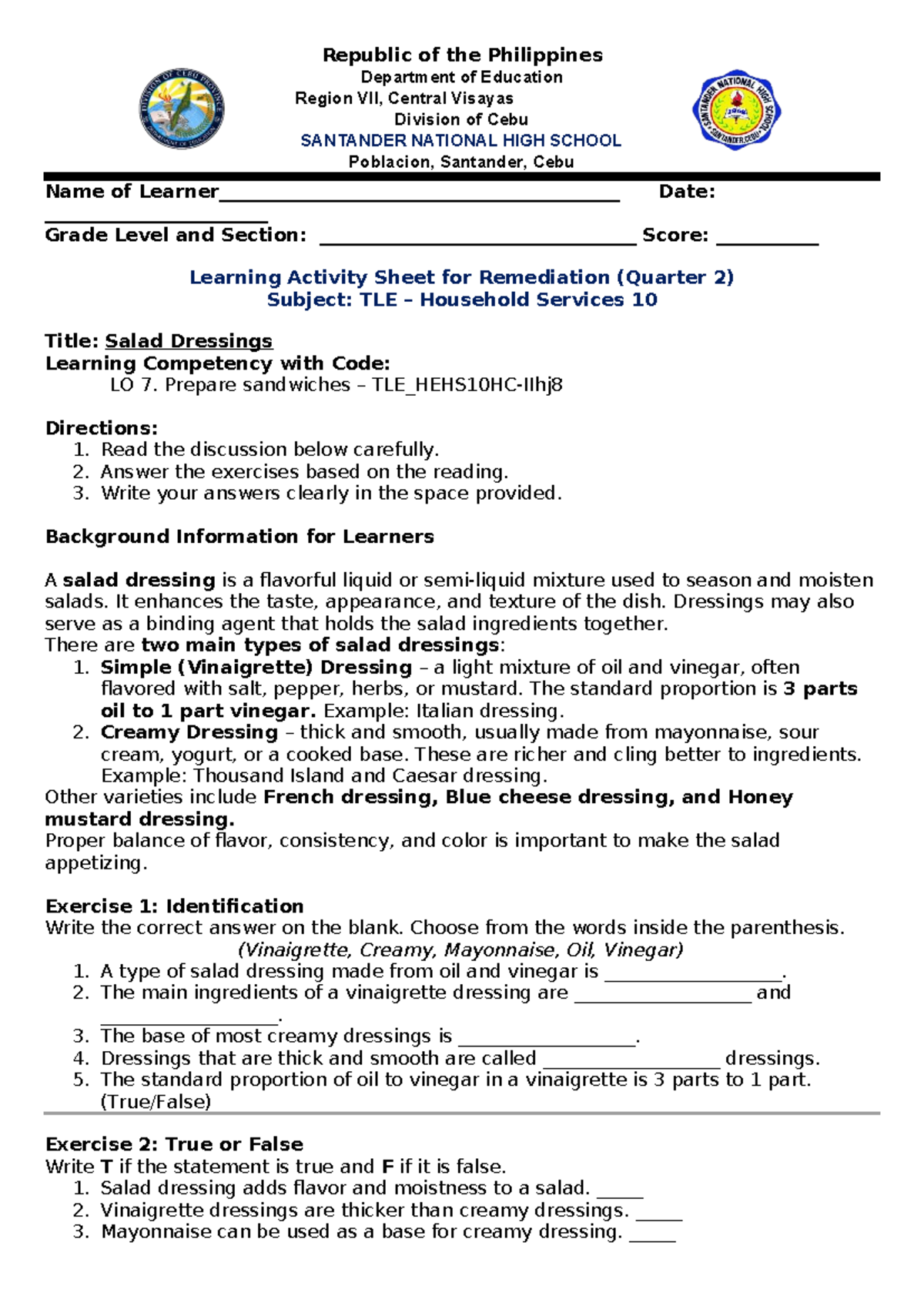 TLE 10: Salad Dressings - Lecture Notes for Remediation - Studocu