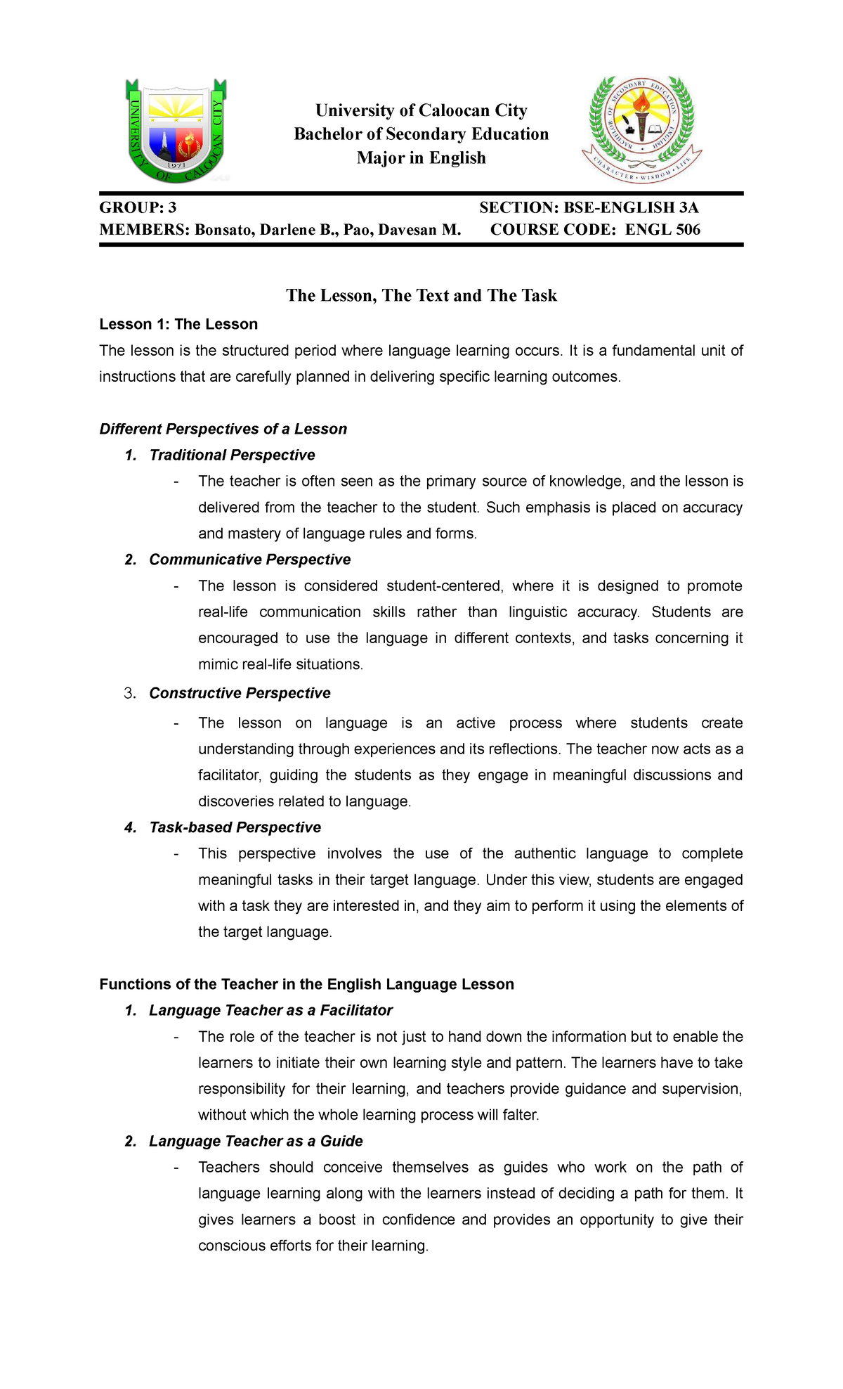 ENGL 506 Lesson 1: Understanding the Lesson, Text, and Task - Studocu