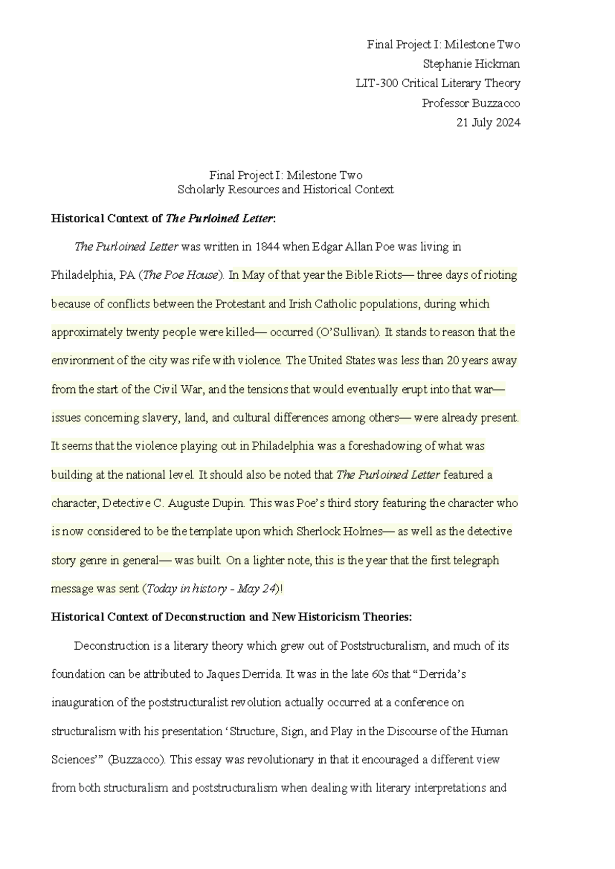 LIT-300 Final Project I Milestone Two: Scholarly Historical Contexts ...