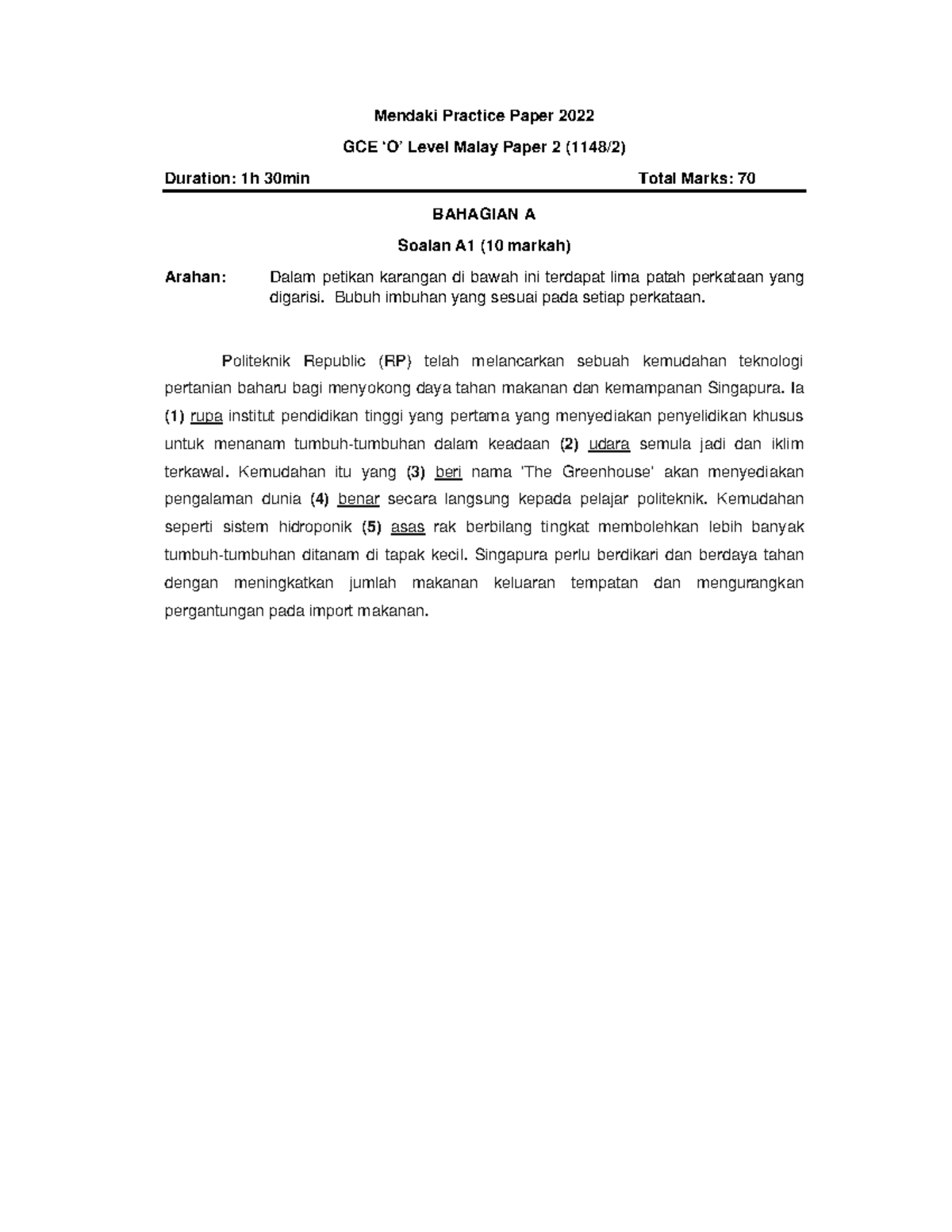 GCE O Level Malay 2022 Paper 2 Practice & Sample Answers - Studocu