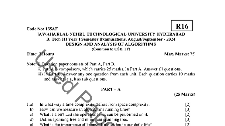 R16 135AF B.Tech I Sem 2024 Design & Analysis of Algorithms Important ...