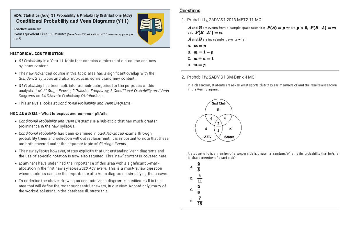 Conditional Probability and Venn Diagrams (Adv) - S1 Probability - Studocu