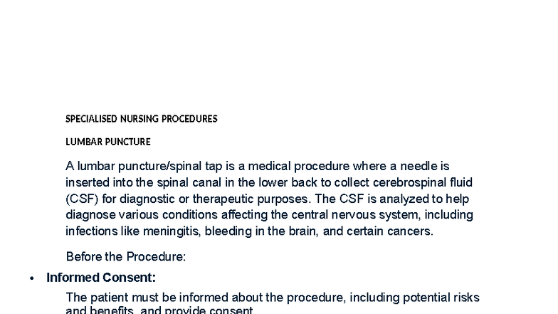 Specialised Nursing Procedures: Lumbar Puncture Guide - Studocu