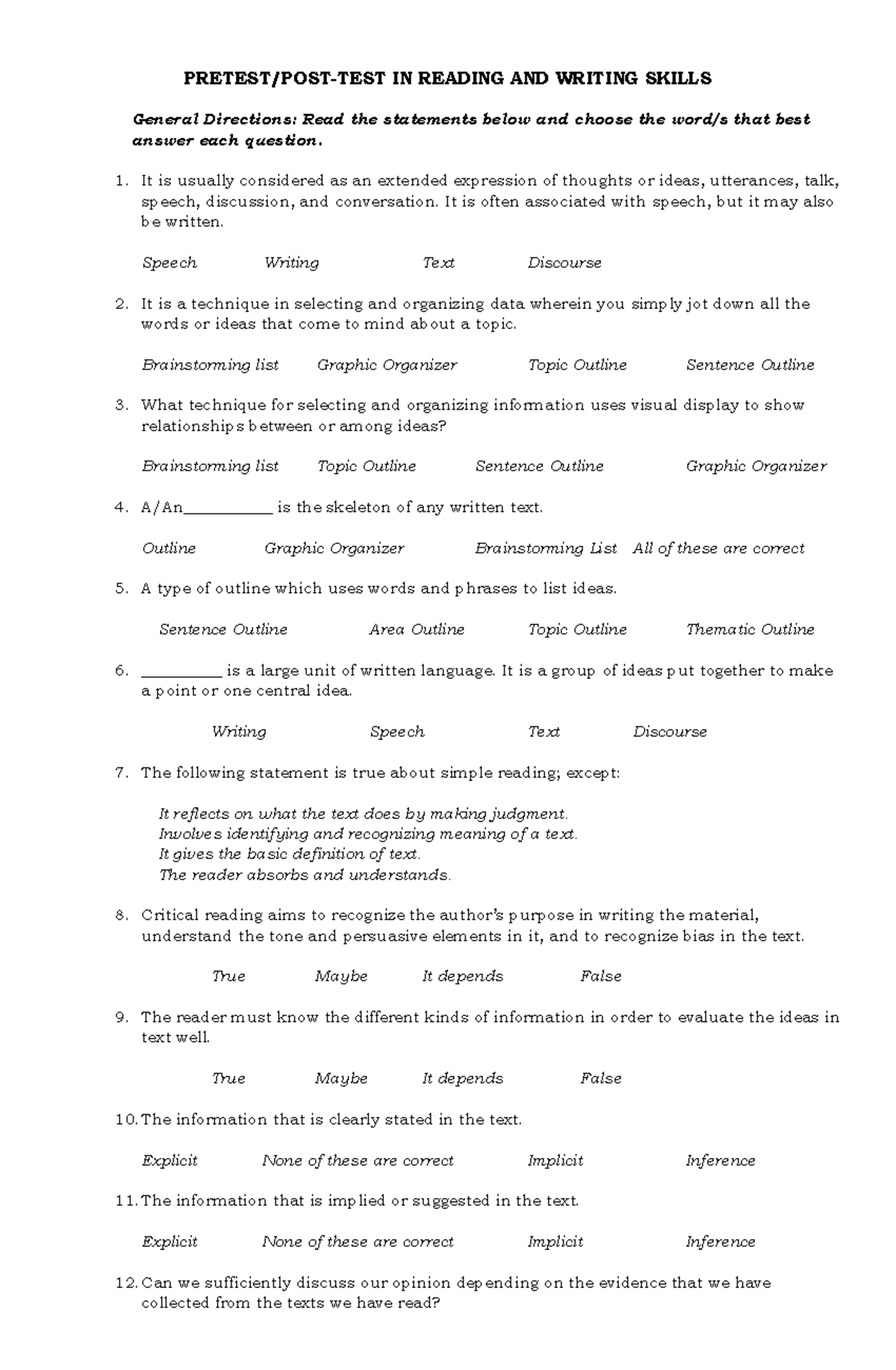 Pretest POST TEST IN Reading AND Writing - PRETEST/POST-TEST IN READING ...