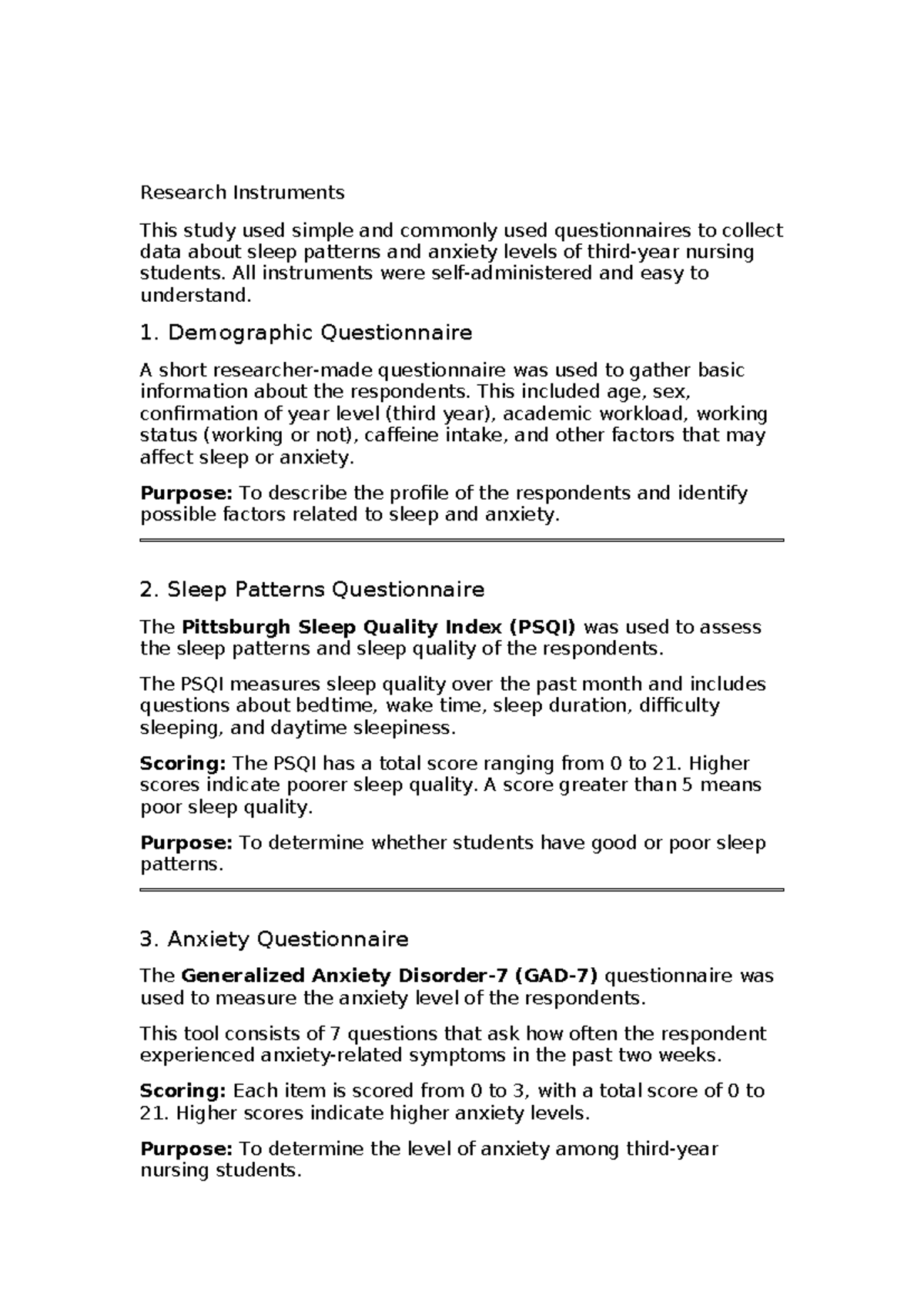 Research Instruments & Procedures for Nursing Students' Sleep & Anxiety ...