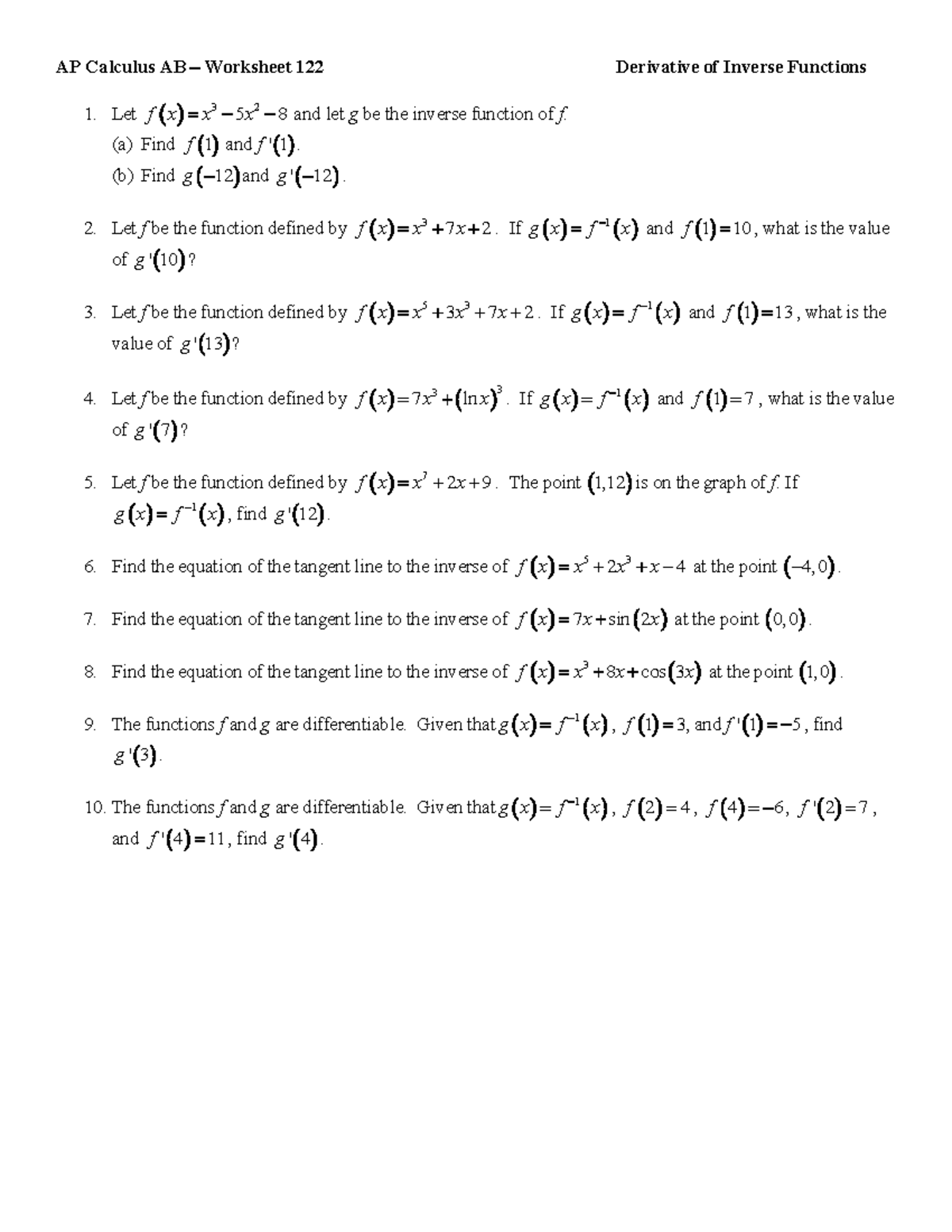 AP Calculus AB: Inverse Functions Derivatives Worksheet - Studocu