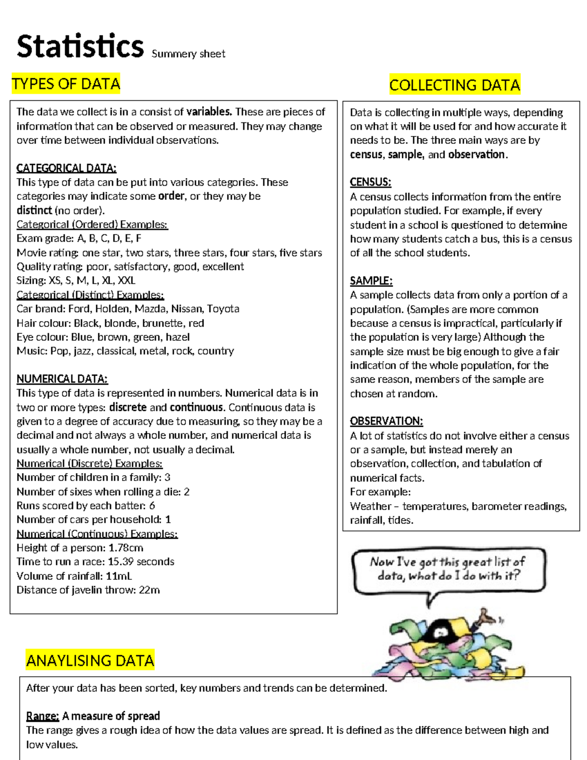 Statistics Summary Sheet: Types of Data Explained - Studocu
