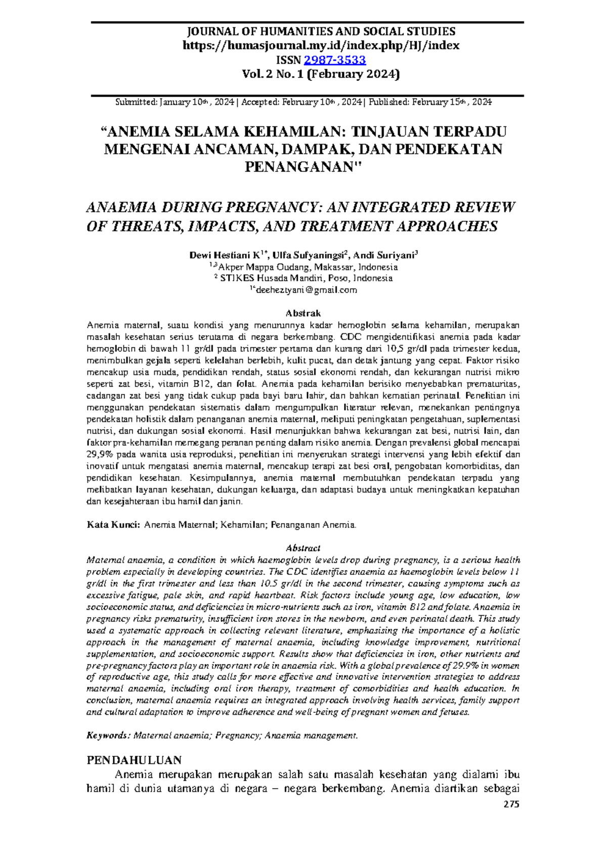 JOURNAL OF HUMANITIES AND SOCIAL STUDIES: ANEMIA DURING PREGNANCY ...