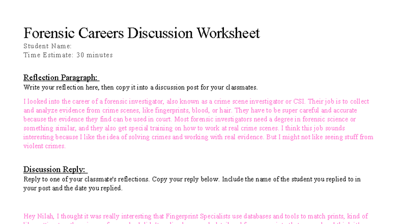 Forensic Careers Discussion Worksheet (Forensics 6.07) - Studocu