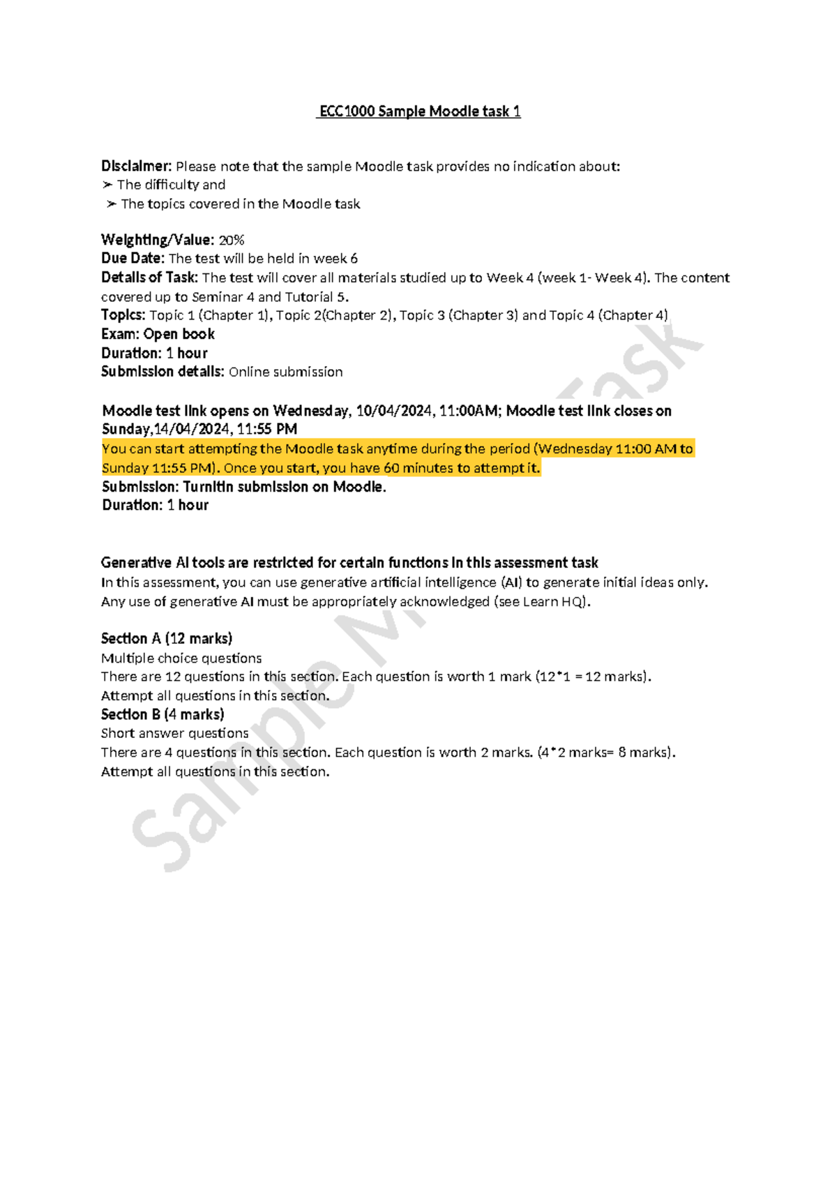 ECC1000 Sample Moodle task 2024 - The content covered up to Seminar 4 ...
