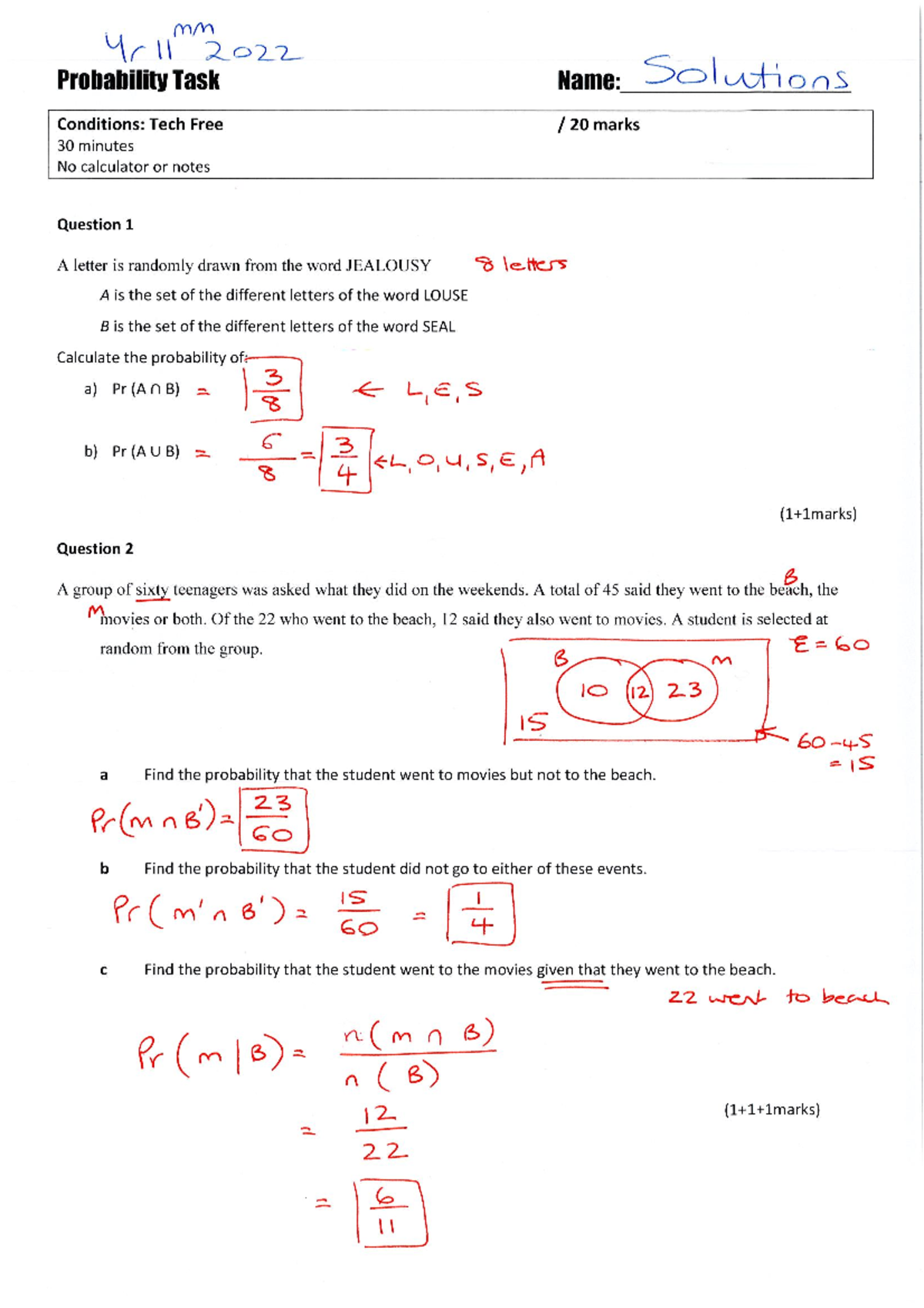 2022 11Methods - Solutions to Probability Test Questions - Studocu