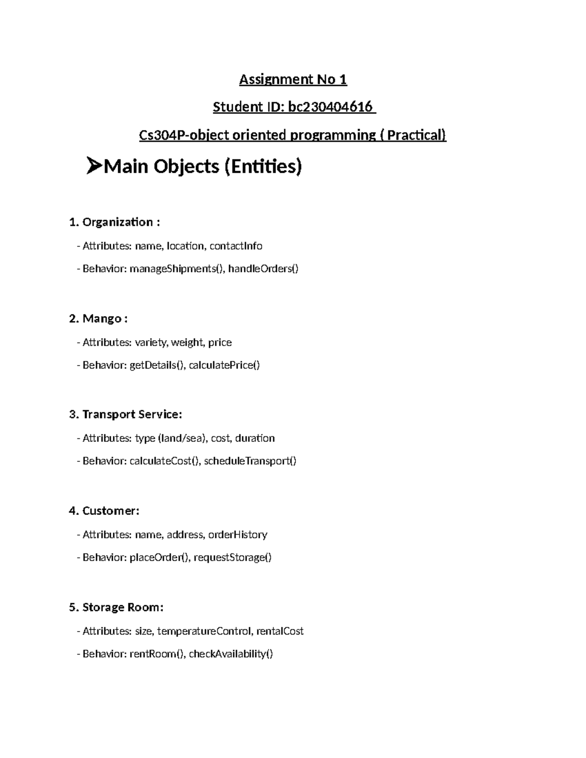 CS304 Assignment No 1 - Assignment No 1 Student ID: bc Cs304P-object ...