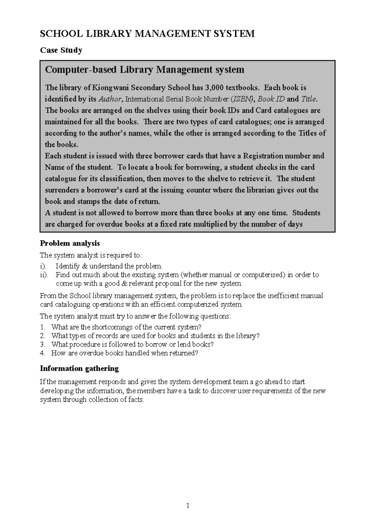 SCHOOL LIBRARY MANAGEMENT SYSTEM (Case Study) Analysis and Proposal ...