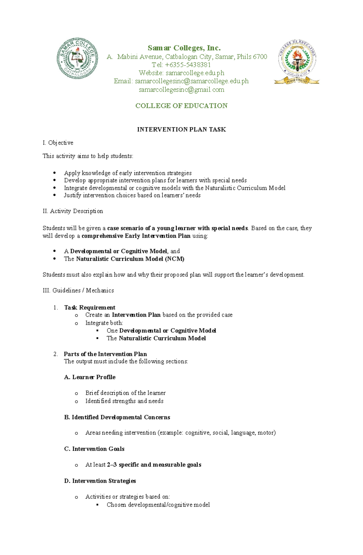EDUC 101: Early Intervention Plan Task for Special Needs Learners - Studocu
