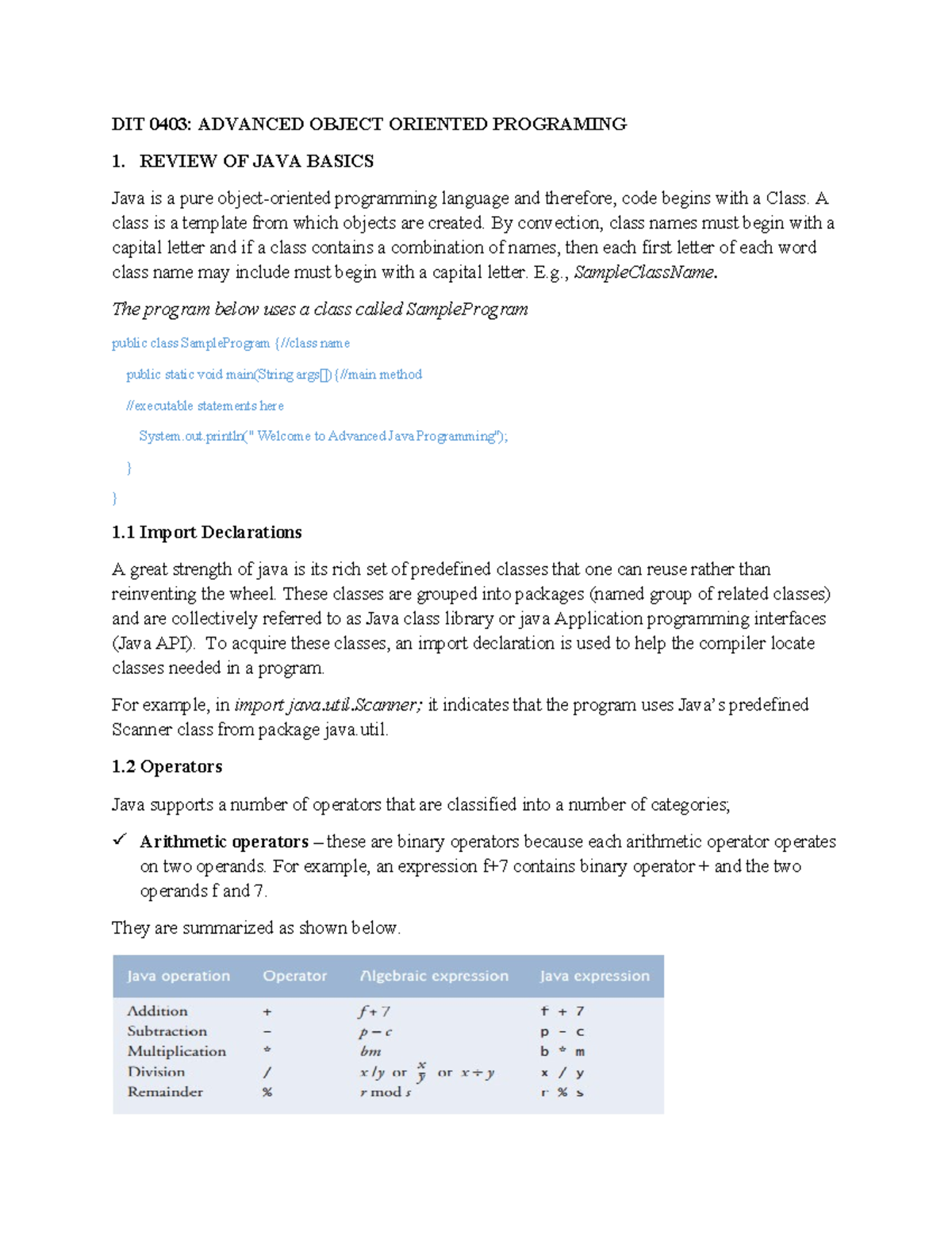 object oriented programming 2 - DIT 0403: ADVANCED OBJECT ORIENTED ...