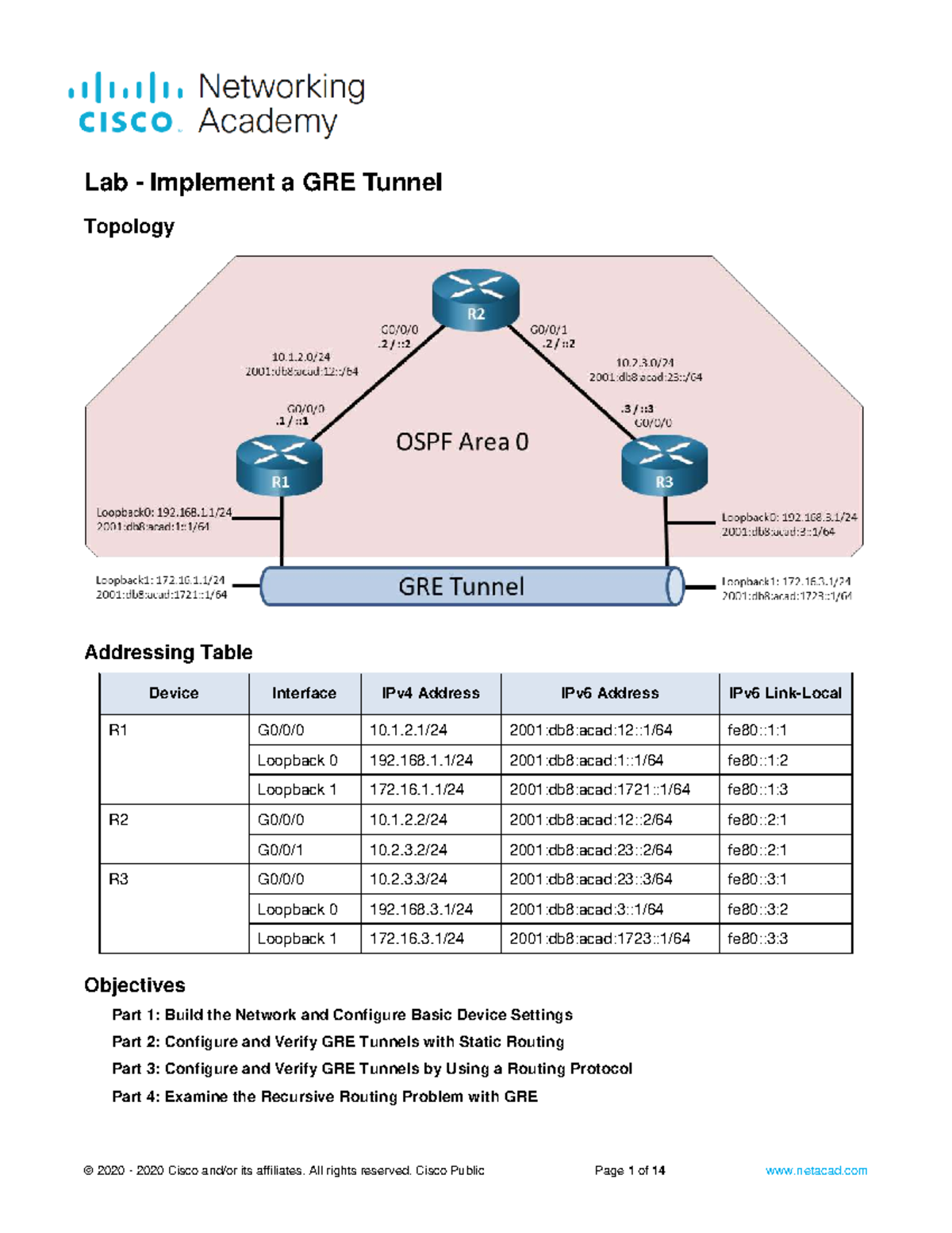 16.1.2 Lab - Implement a GRE Tunnel - Topology Addressing Table Device ...