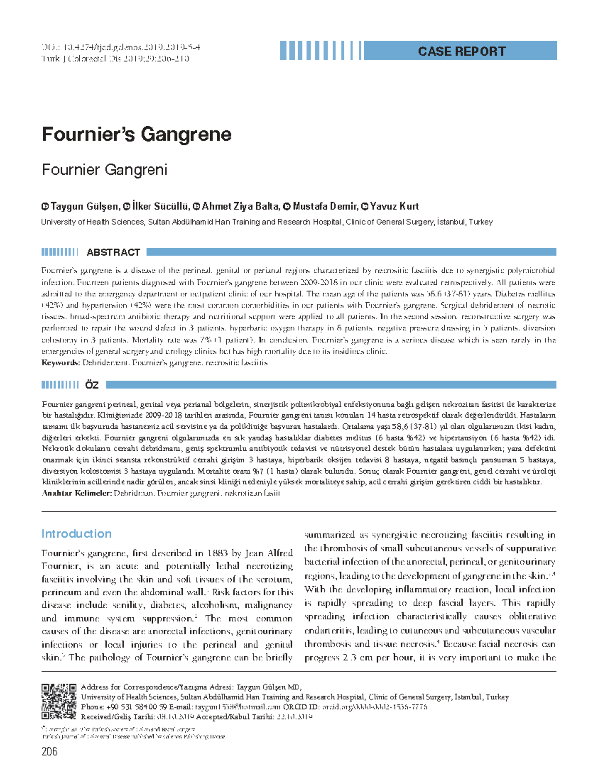 Turk J Colorectal Dis 2023: Case Report on Fournier Gangrene Management ...