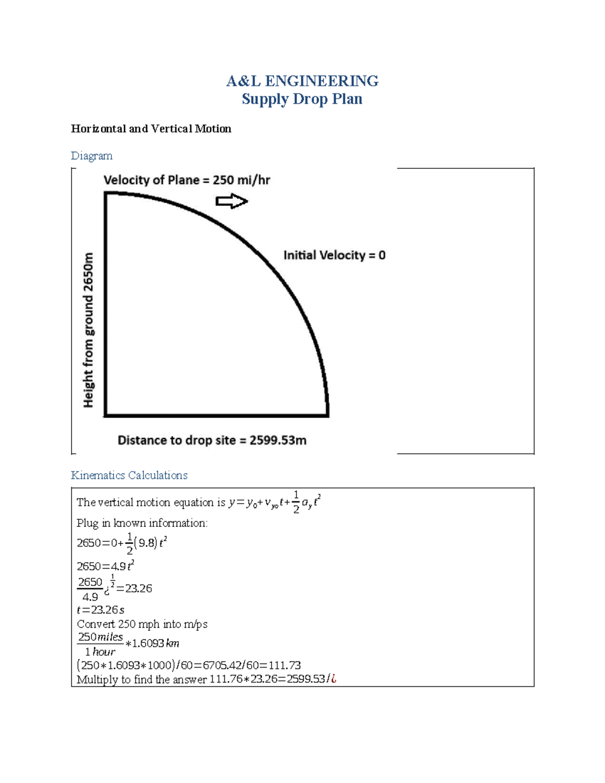 PHY 150 Project One Supply Drop Plan - A&L ENGINEERING Supply Drop Plan ...