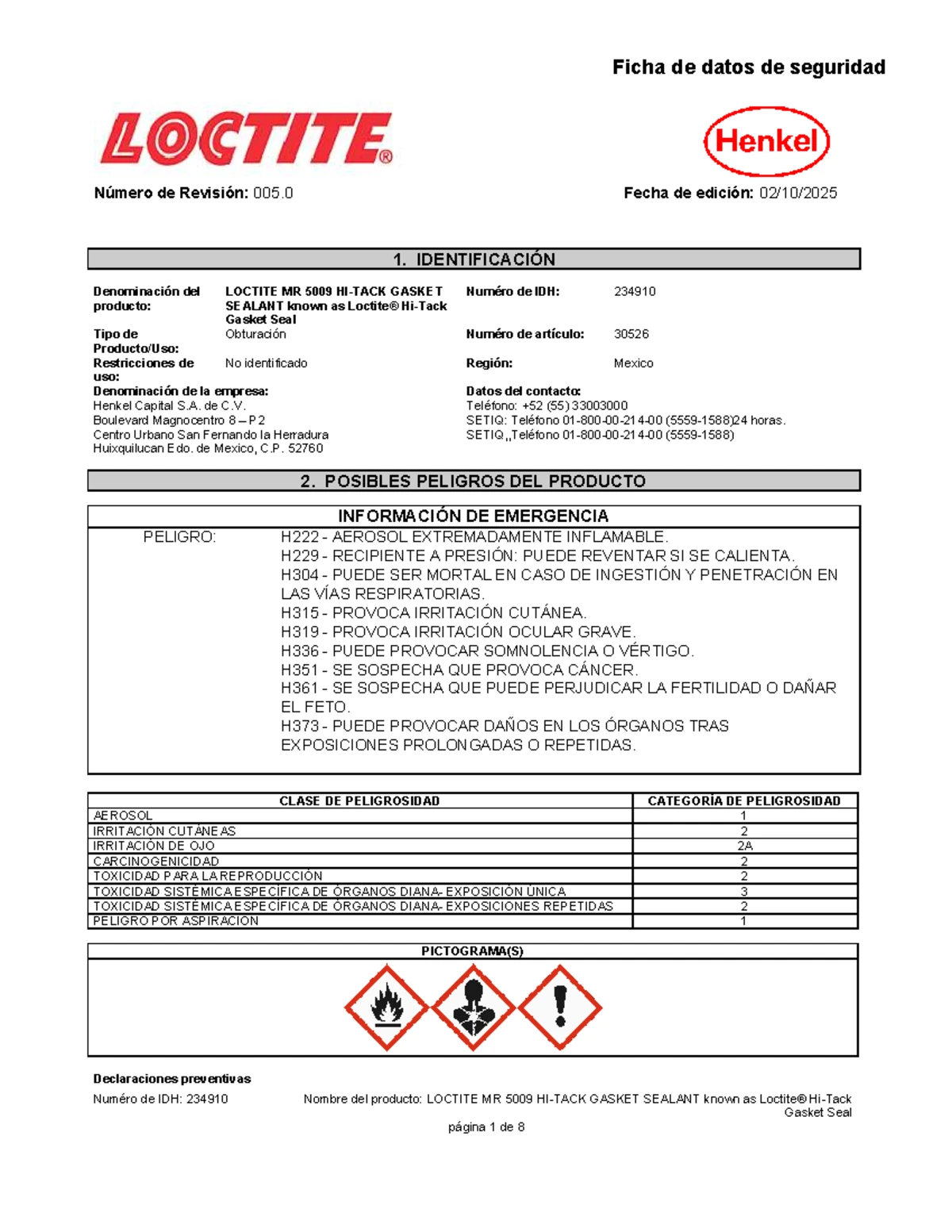 SDS LOCTITE MR 5923: Seguridad y Manejo del Aviation Gasket Seal - Studocu