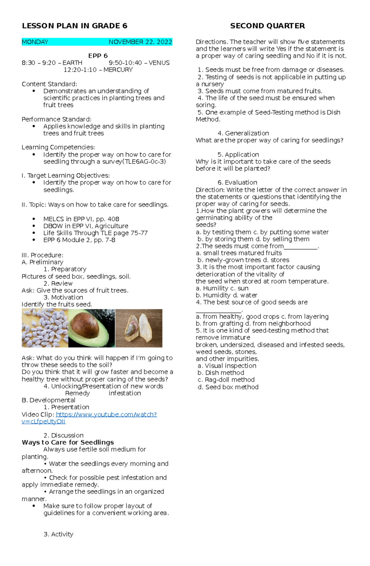 EPP 6 - WEEK 3 DAY 2 - 2nd Quarter Lesson Plan on Seedling Care - Studocu