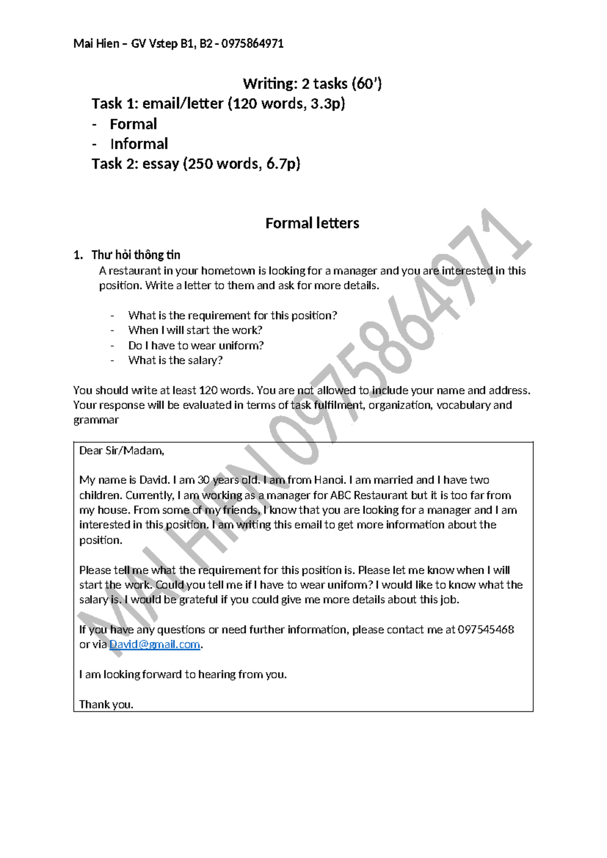Formal Letter Writing Practice - Tasks & Examples - Studocu