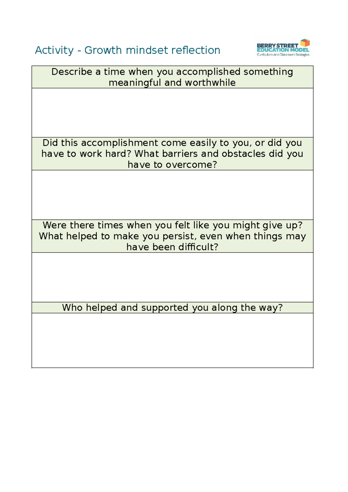 Reflecting on growth mindsets-1 - Activity - Growth mindset reflection ...