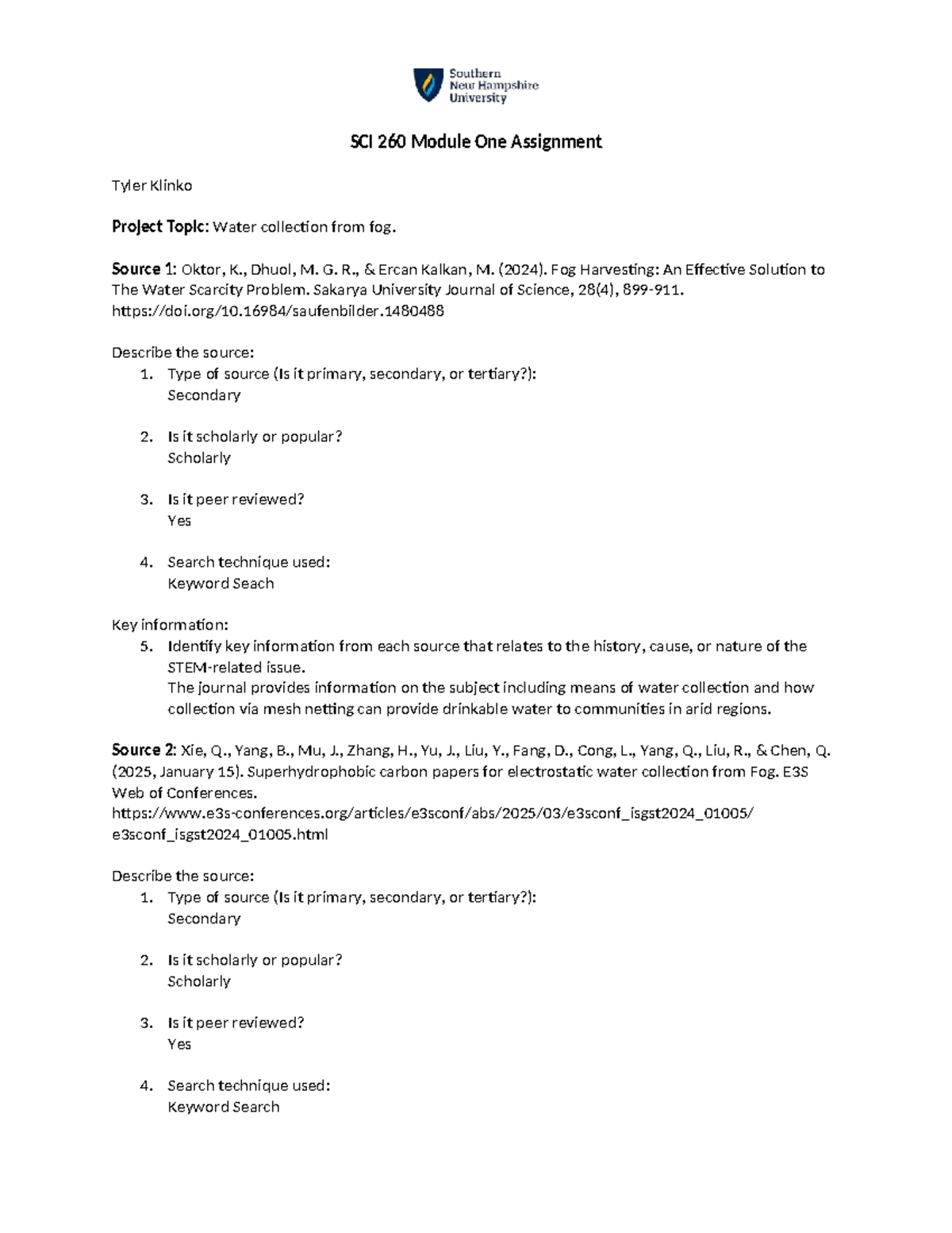 SCI 260 Module One Assignment: Water Collection from Fog Sources - Studocu