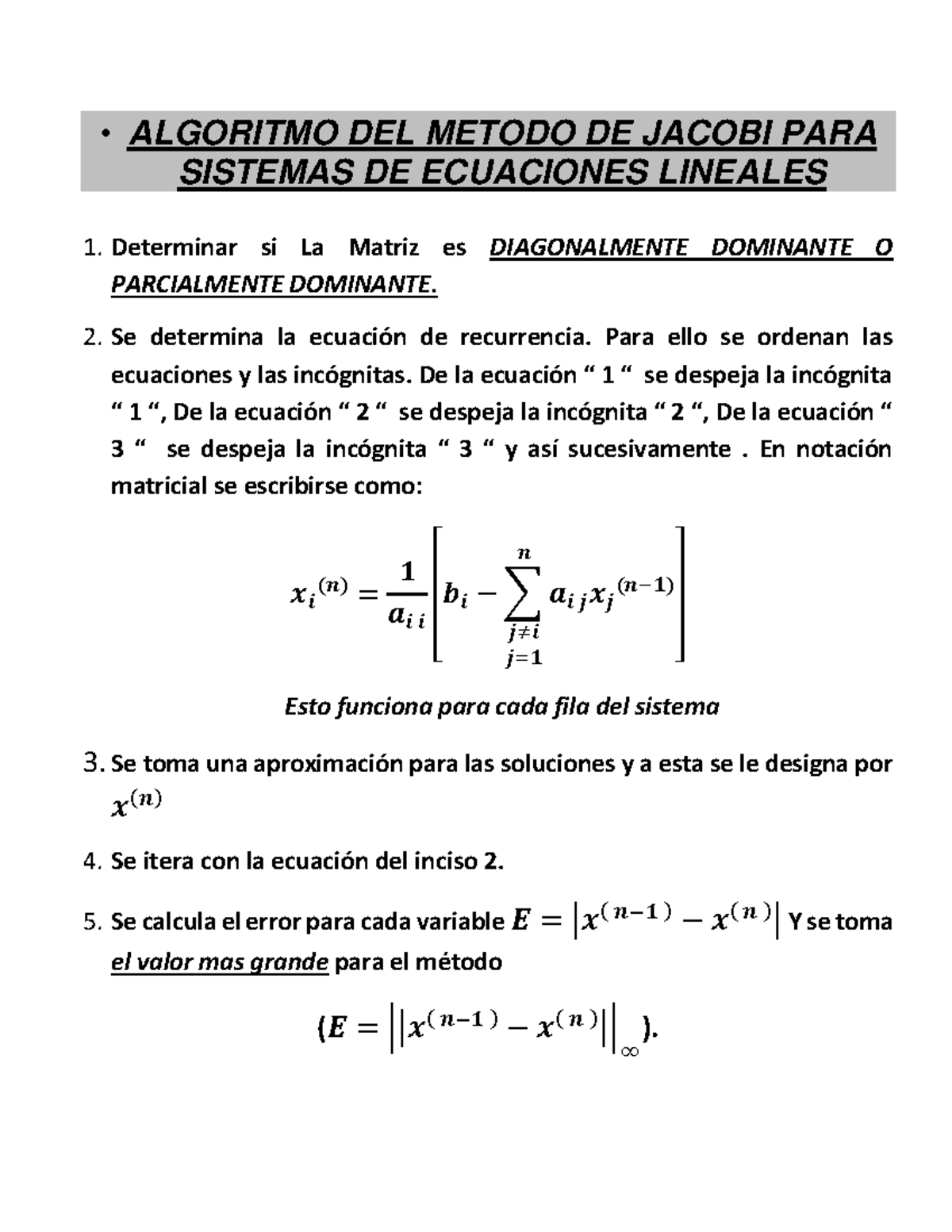 Algoritmo DE Jacobi Y Gauss- Seidel - • ALGORITMO DEL METODO DE JACOBI PARA SISTEMAS DE ...