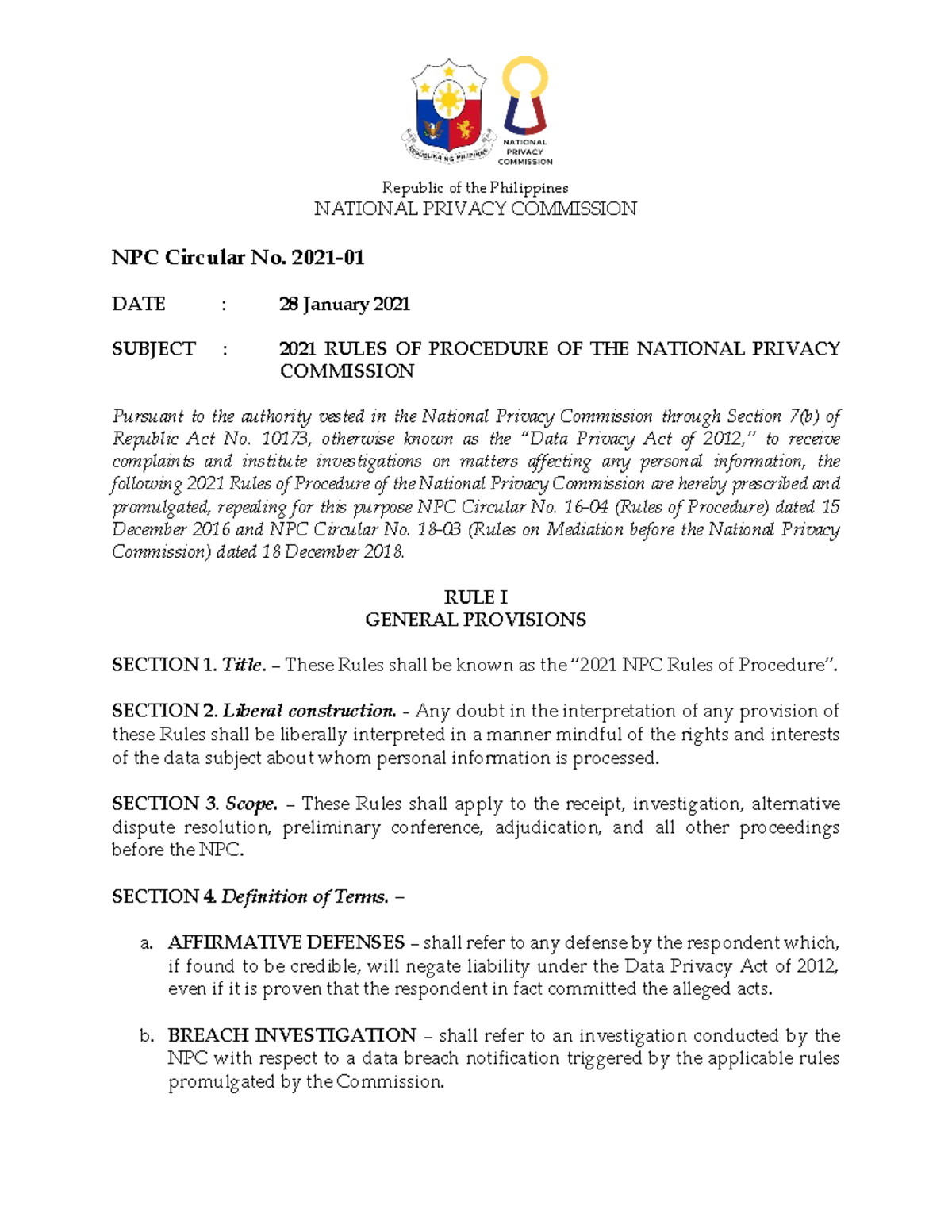 2021 NPC Rules of Procedure for Data Privacy Complaints - Studocu