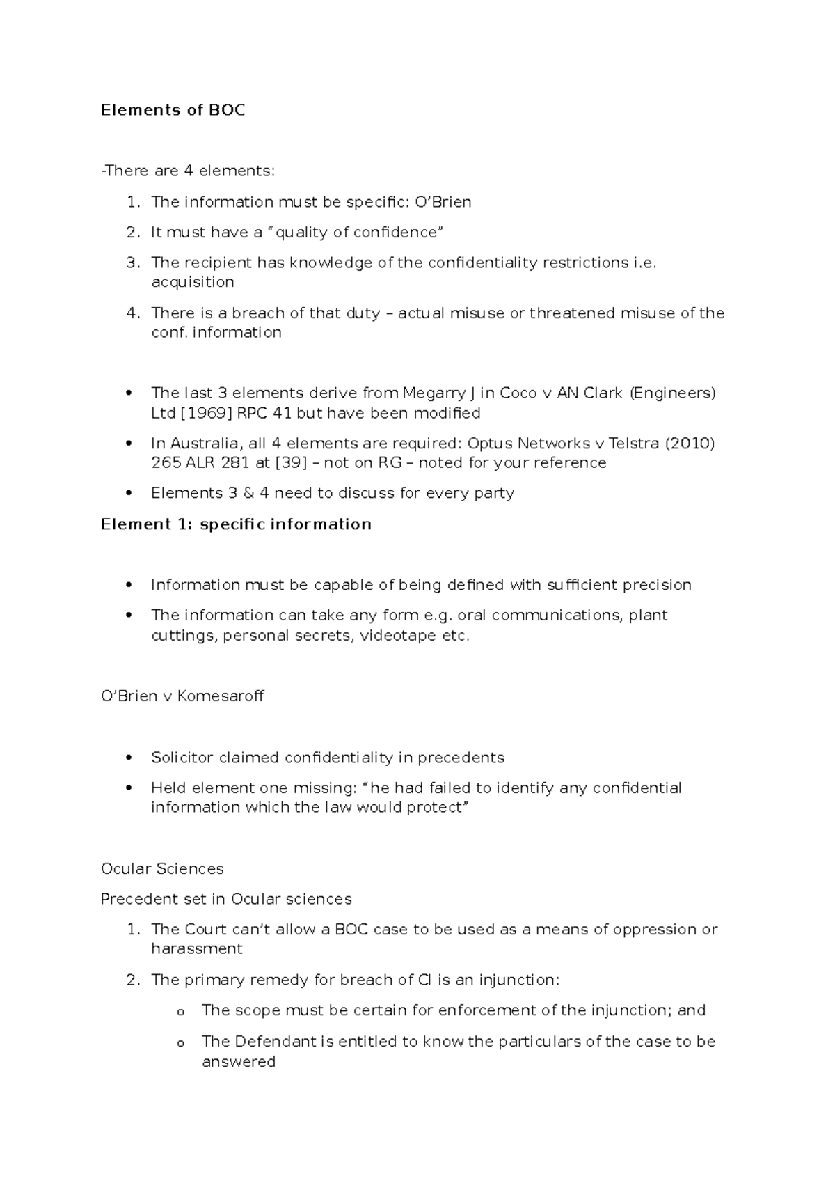 Elements of Breach of Confidence (BOC) - Basic Outline for BOC Q - Studocu