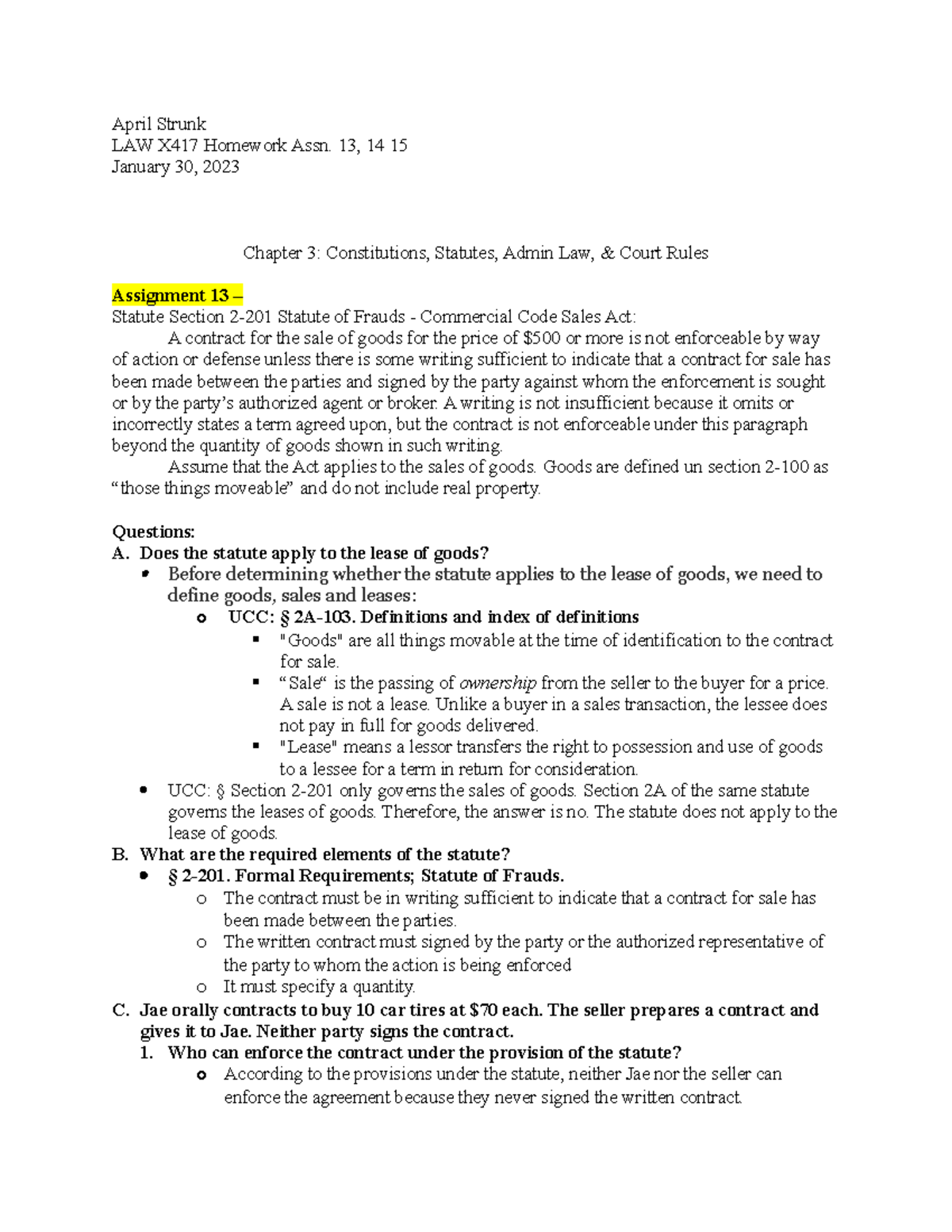 LAW X417 Chapter 3 Homework Assignments 13-15 Summary Analysis - Studocu